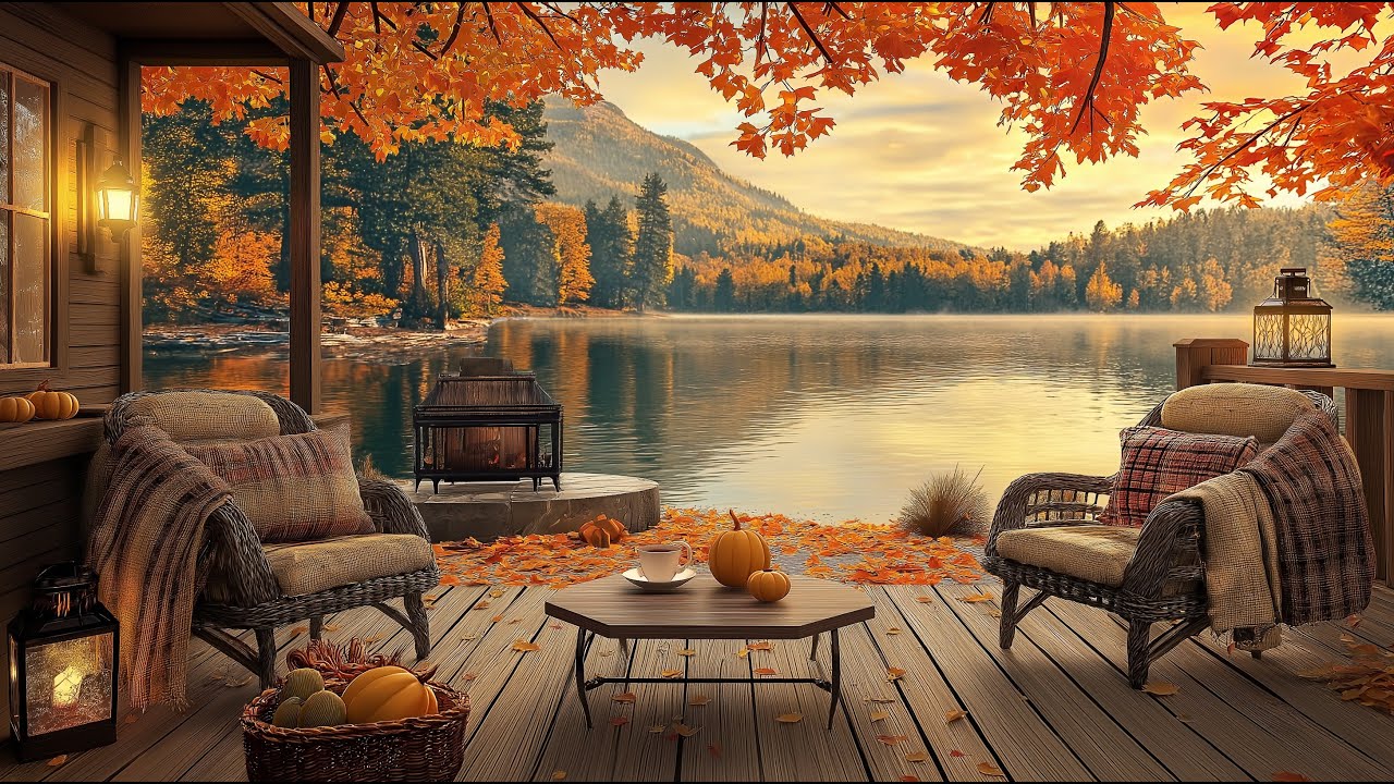 Autumn Lakeside Cabin with Cozy Jazz 🍂 Fall Firelight & Relaxing Vibes ...