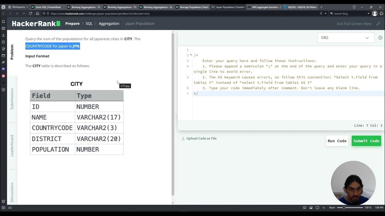 Japan Population Sql Aggregation Hackerrank Solution Youtube