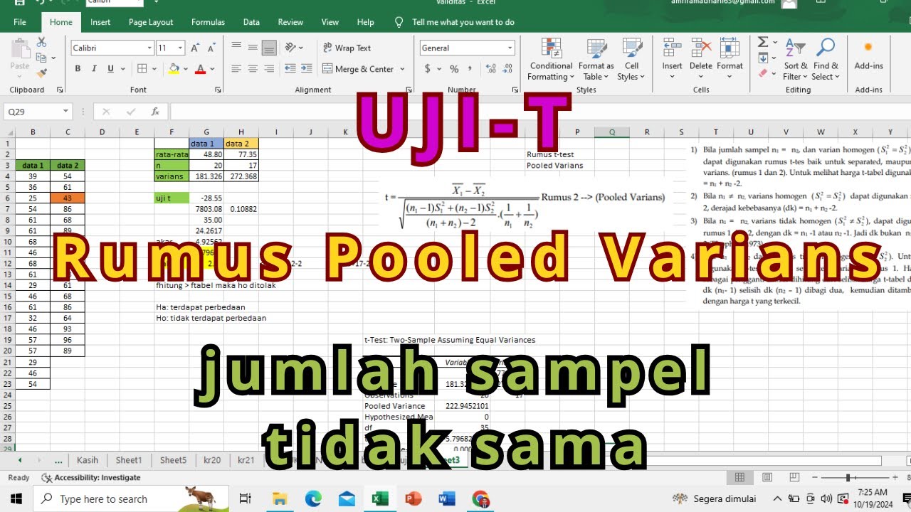 UJI T dengan rumus Pooled Varians (Excel)_jumlah sampel tidak sama dan ...