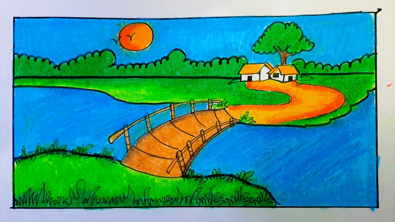 village drawing colour, gramer drisso drawing easy, village life ...