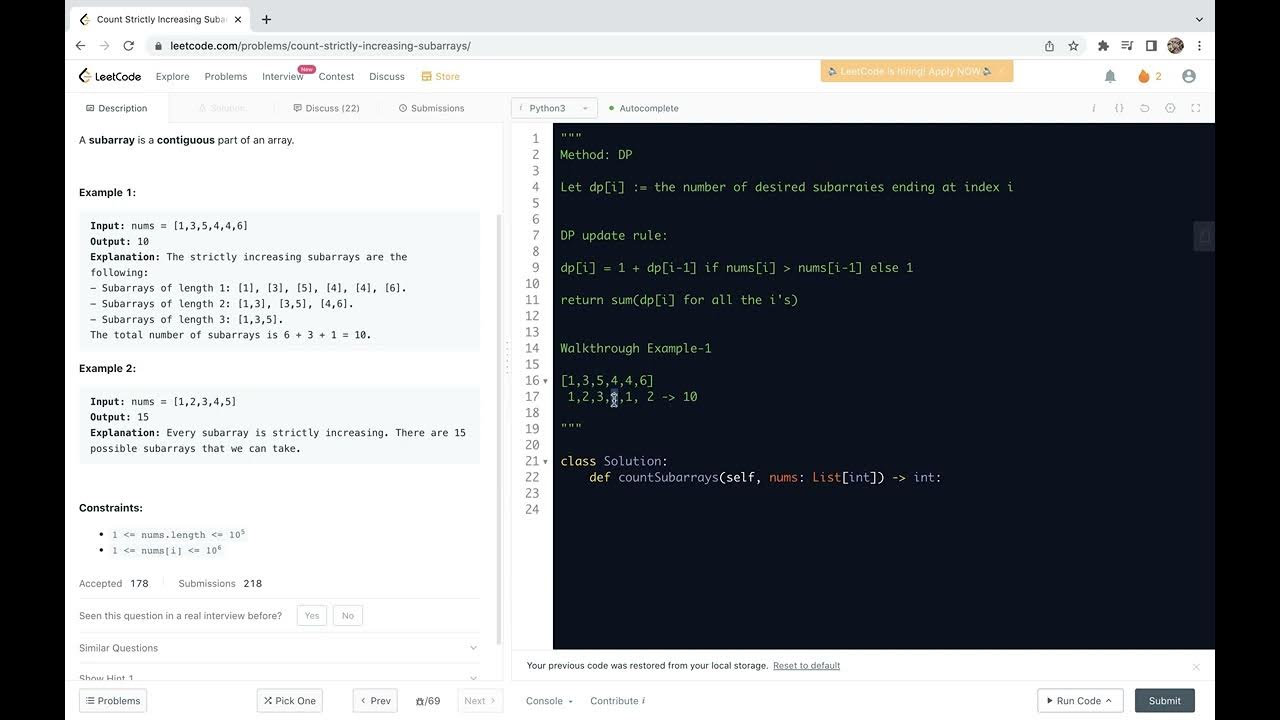 Leetcode 2393. Count Strictly Increasing Subarrays - DP - YouTube