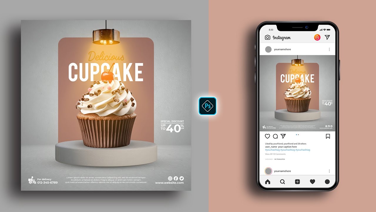 Delicious Cupcake social media Post Banner Design in Photoshop Tutorial ...