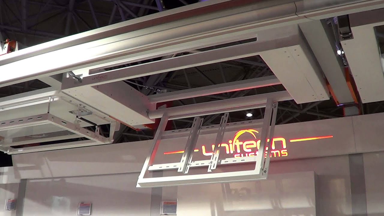 Unitech Systems FPLCV2SLIM flat panel ceiling lift at ISE 2013 - YouTube