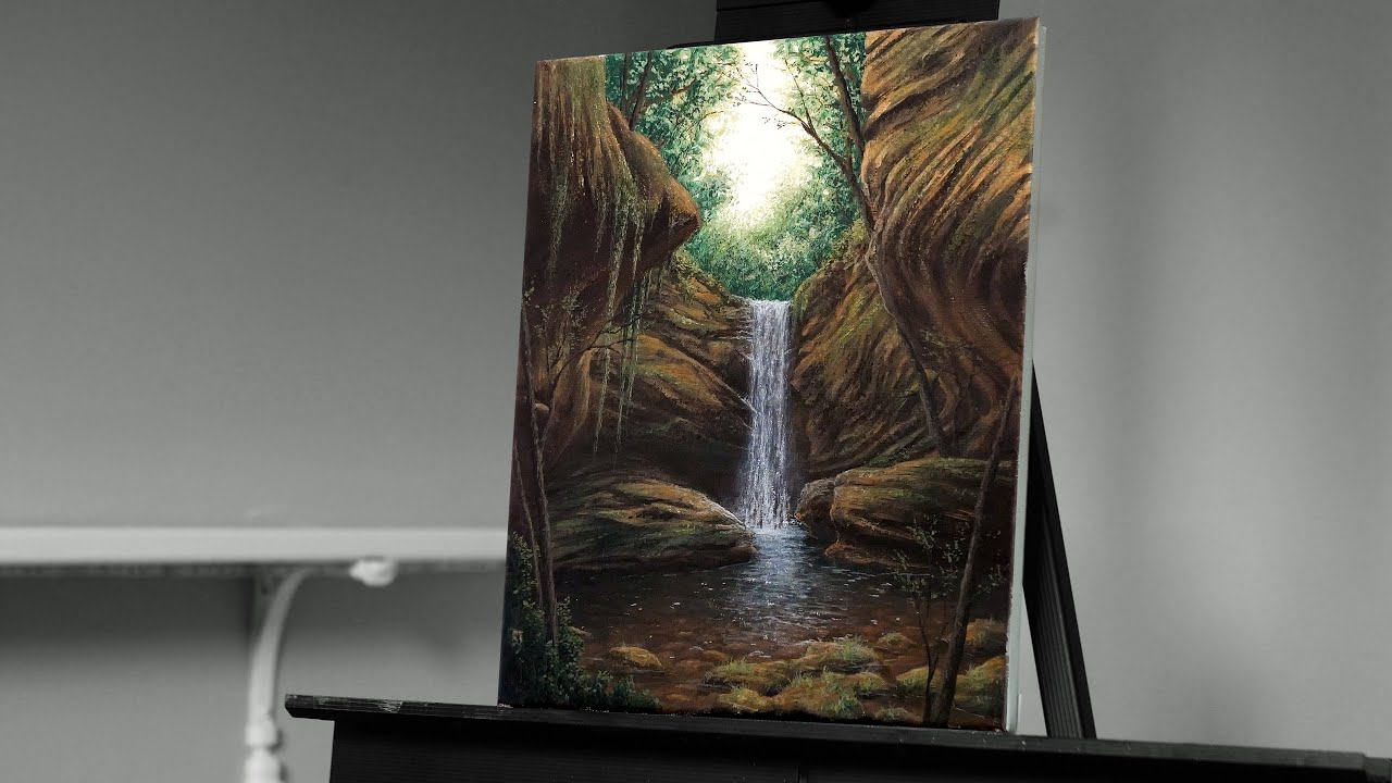 Painting a Waterfall in a Rocky Forest with Acrylics - Paint with Ryan ...
