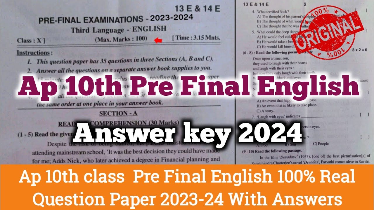 Ap 10th class English (pre final exam) 💯real question paper and answers ...