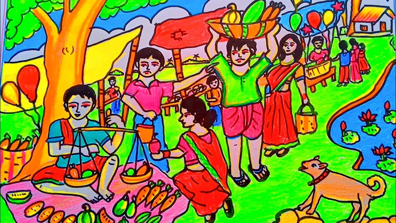 How to draw village market.🥰Easy village market drawing step by step🥰 ...