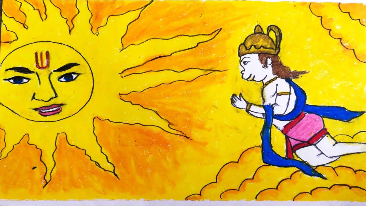 How to draw lord hanuman | Lord hanuman and sun scenery drawing ...