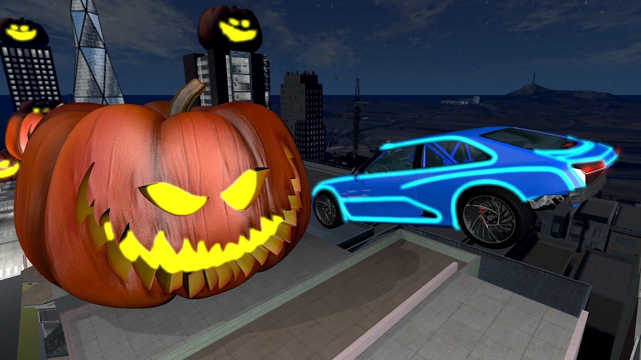 Cars Jumping in the Сity with Pumpkins Halloween - BeamNG.Drive - YouTube