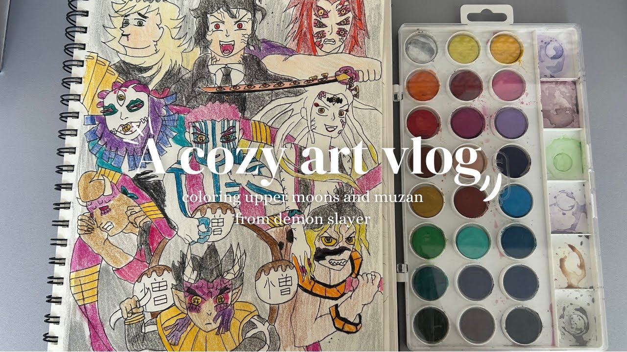 a cozy art vlog 🎐 coloring upper moons and muzan from demon slayer 🍜 ...