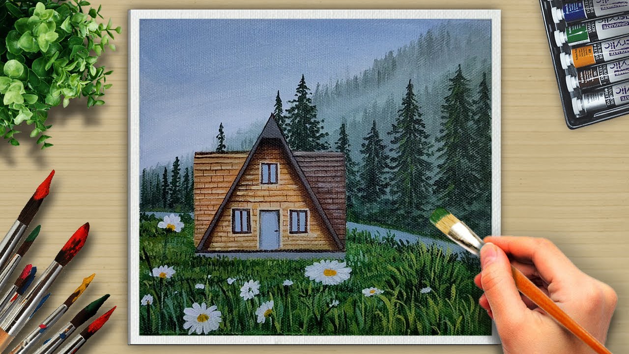 Acrylic Painting Triangle Shape House Near River Landscape / #104 ...