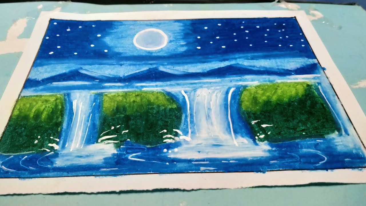 How to Draw a Full Moon Over a Waterfall for Beginners ll Easy Drawing ...