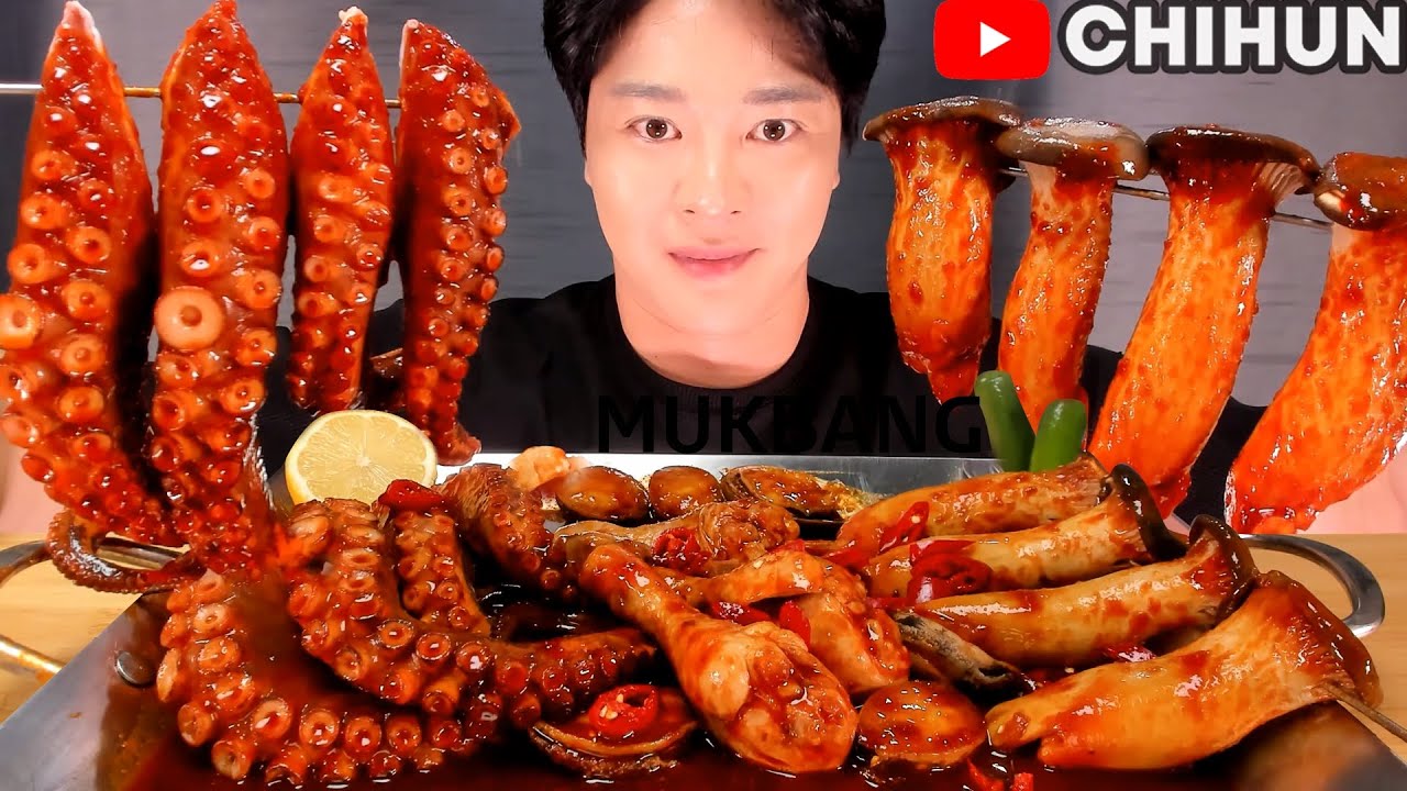 ASMR MUKBANG | SPICY SEAFOOD OCTOPUS & OYSTER MUSHROOM & CHICKEN LEGS ...