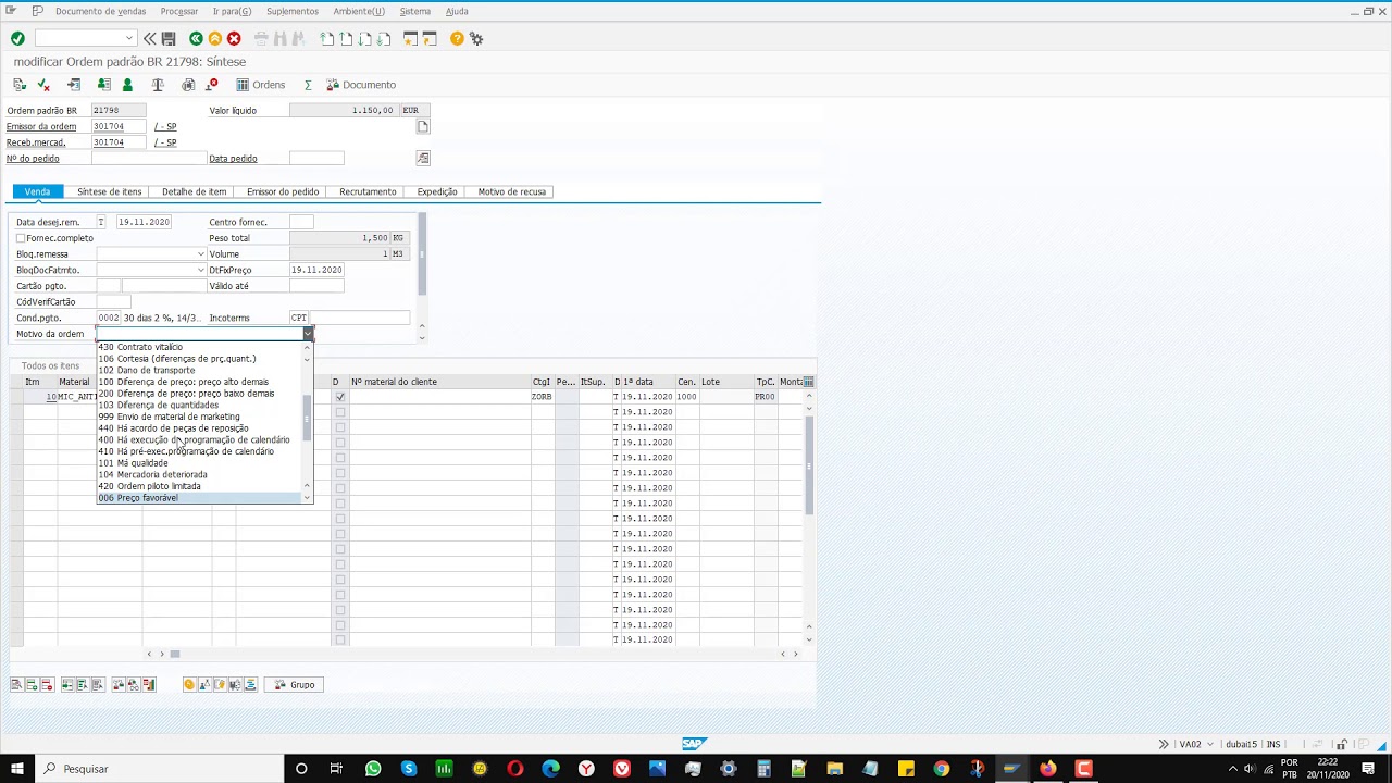 SAP MÓDULO SD MODIFICAR ORDEM DE VENDAS VA02 - YouTube