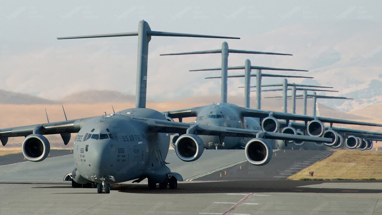 Massive Amount of US C-17 Take Off in Line During Elephant Walk - YouTube