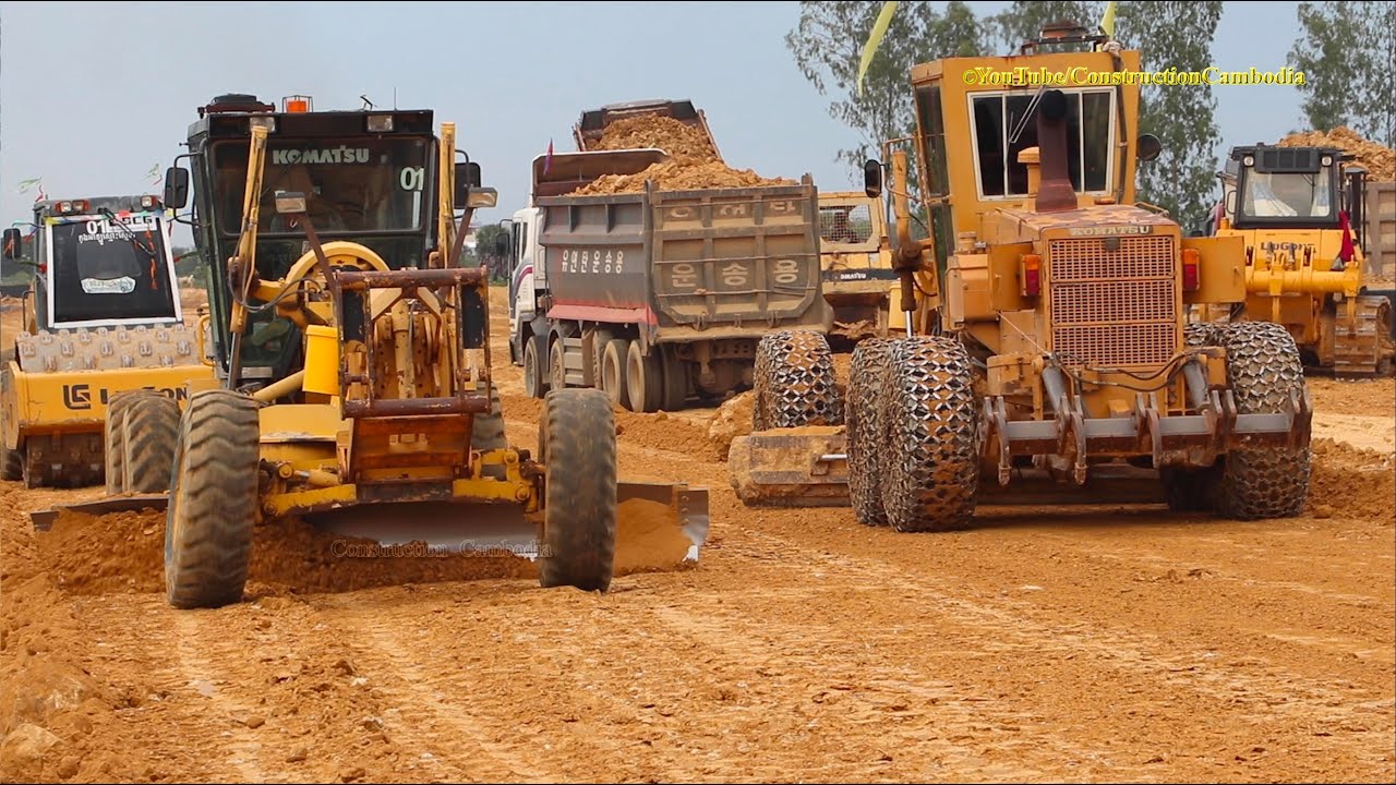 Road Construction Equipment Work - Motor Grader Roller Bulldozer Dump ...
