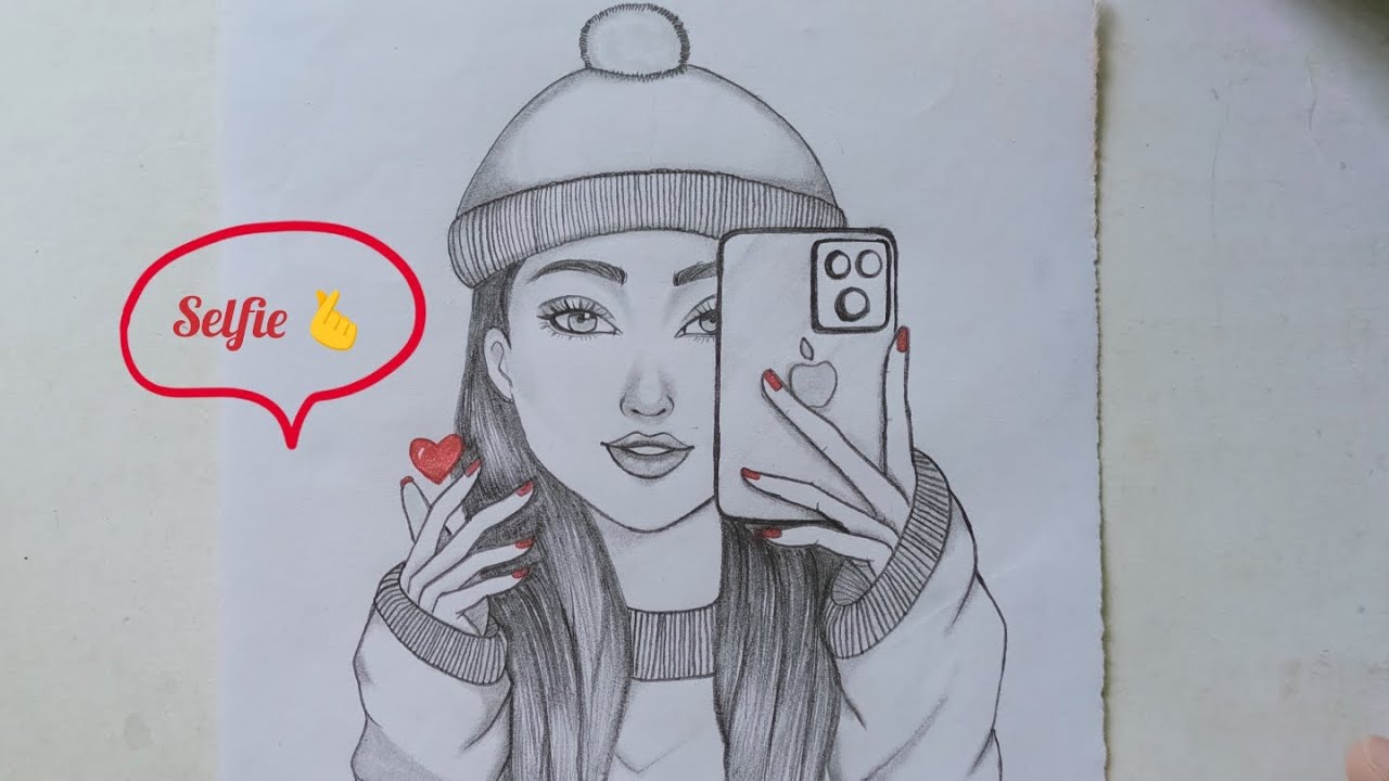 How to draw A girl taking a selfie with heart sign ️|| Easy pencil ...