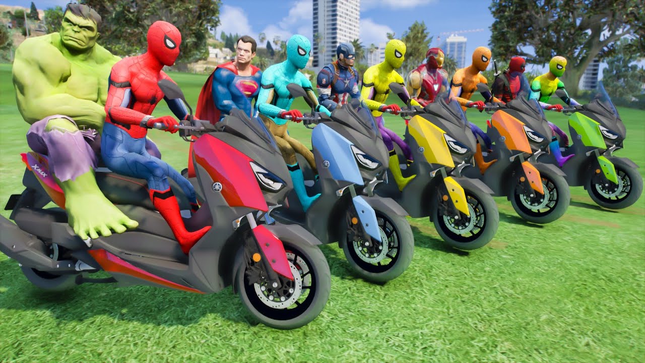 SUPERHEROES ON A MOTORBIKE WITH SPIDERMAN SUITS - 90 DEGREE RAMP ...