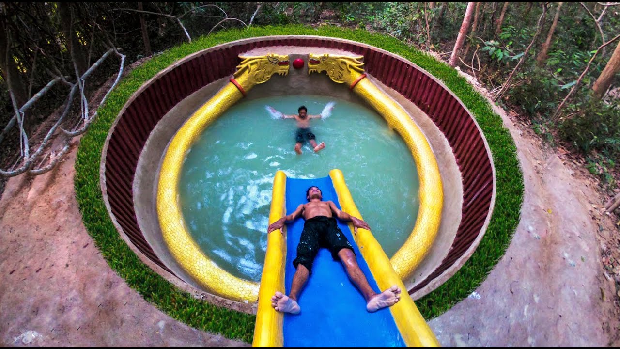 25 Days Building The Most Amazing Underground Water Slide To Temple ...
