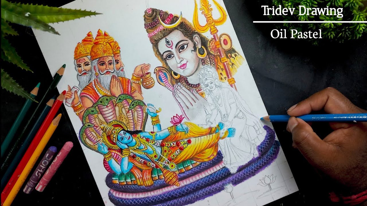 Tridev drawing, Mahadev Drawing, Oil pastel drawing, How to draw,Bramha ...