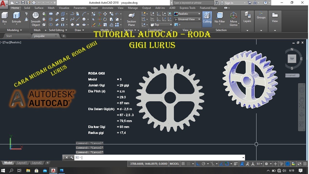 Cara Gambar RODA GIGI (SPUR GEAR) -Tutorial AutoCAD - YouTube