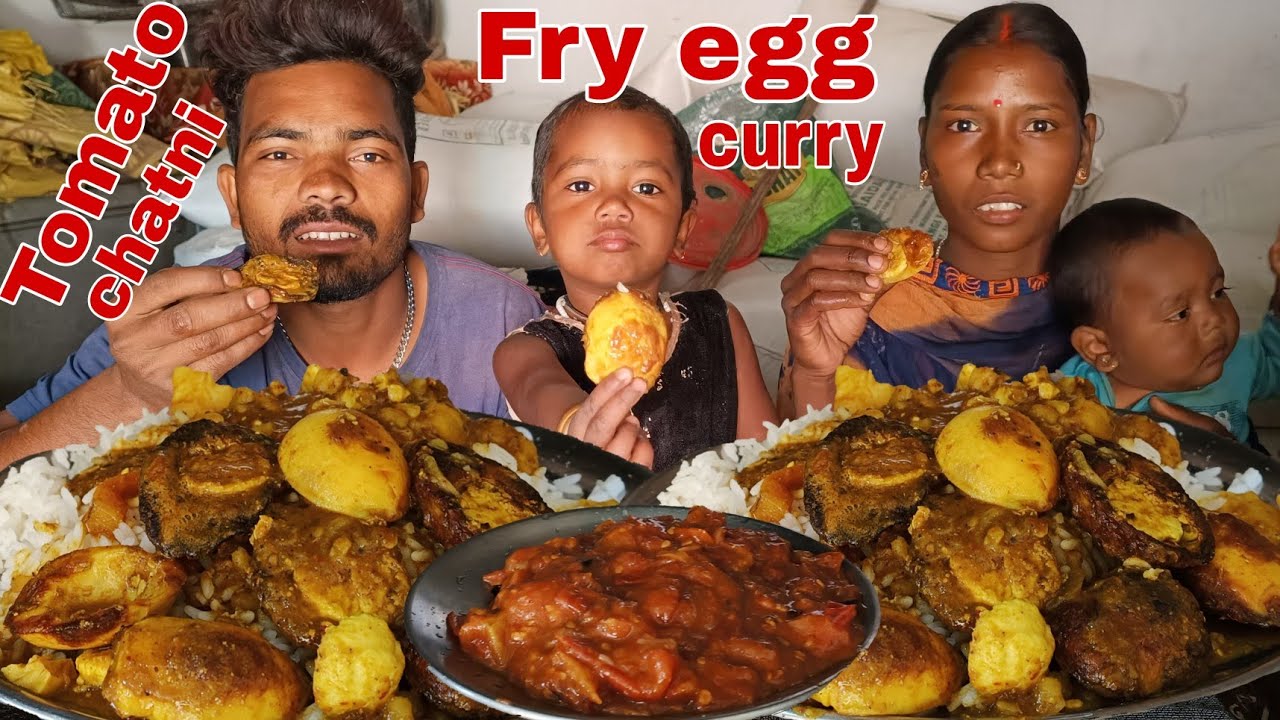 fry eggs curry Tomato 🍅 chatni with rice eating || jh eating show - YouTube