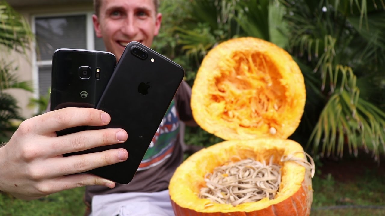 EXPLODING PUMPKIN CHALLENGE in Slow Mo /// iPhone 7 Plus vs Galaxy S7 - YouTube