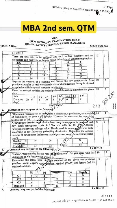 MBA 2nd semester previous year question paper| quantitative techniques ...