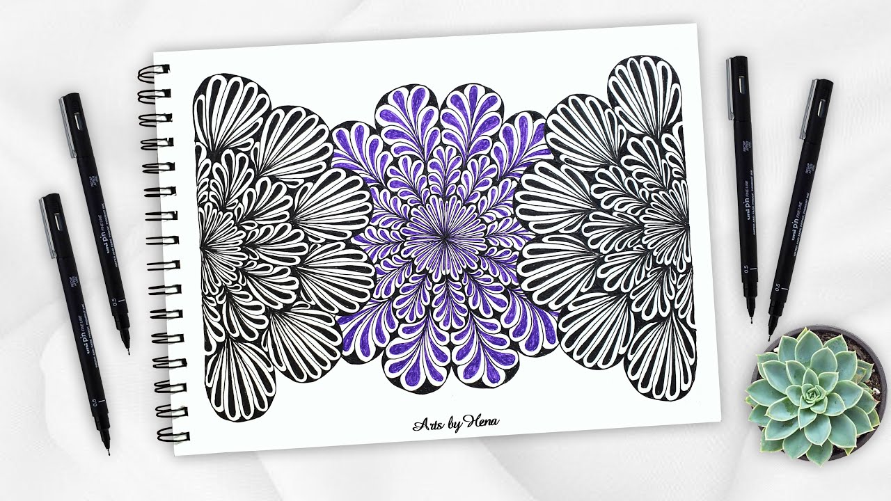 How To Draw Black-Purple Zentangle Art For Beginners || Zentangle ...