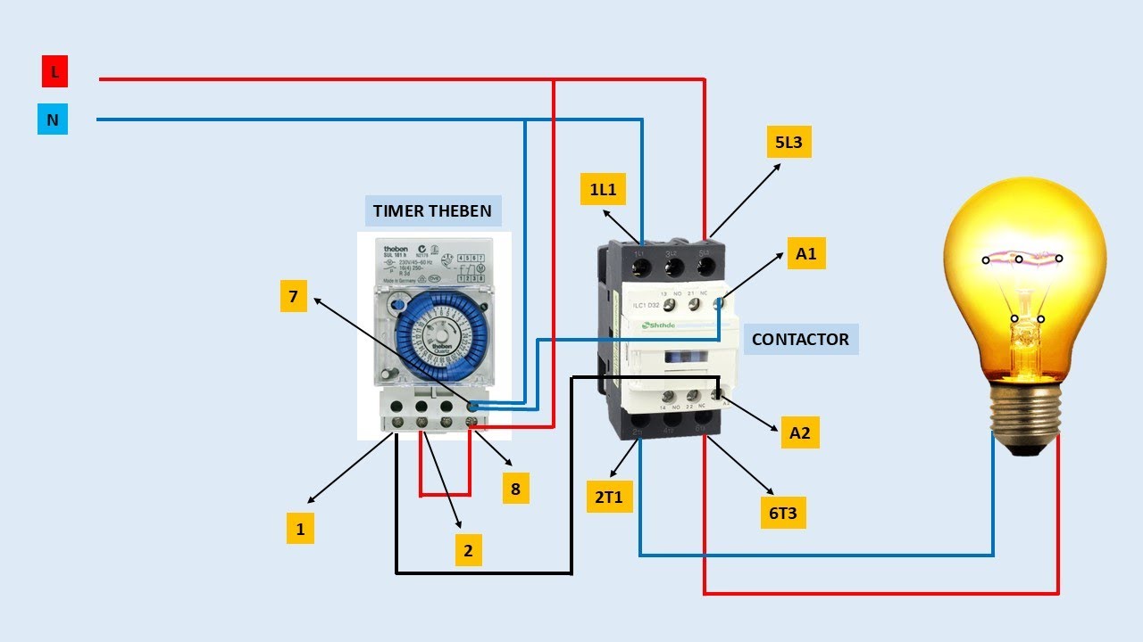 1 light bulb using a timer and contactor | Theben Timer - YouTube