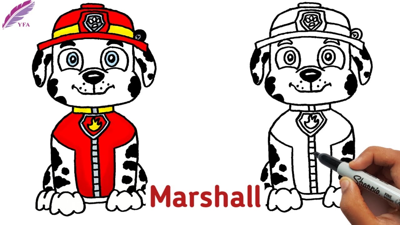 How to Draw Marshall from Paw Patrol | Paw Patrol Mighty Pups Drawing ...