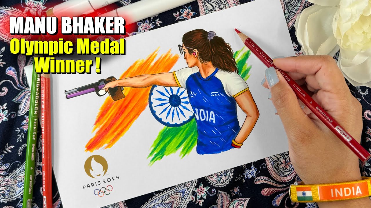 Drawing Paris 2024 Olympics Medal Winner Manu Bhaker Independence Day ...