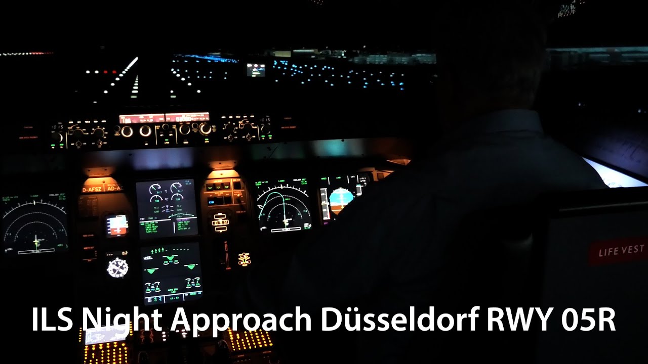 Night Approach Düsseldorf ILS 05R - YouTube