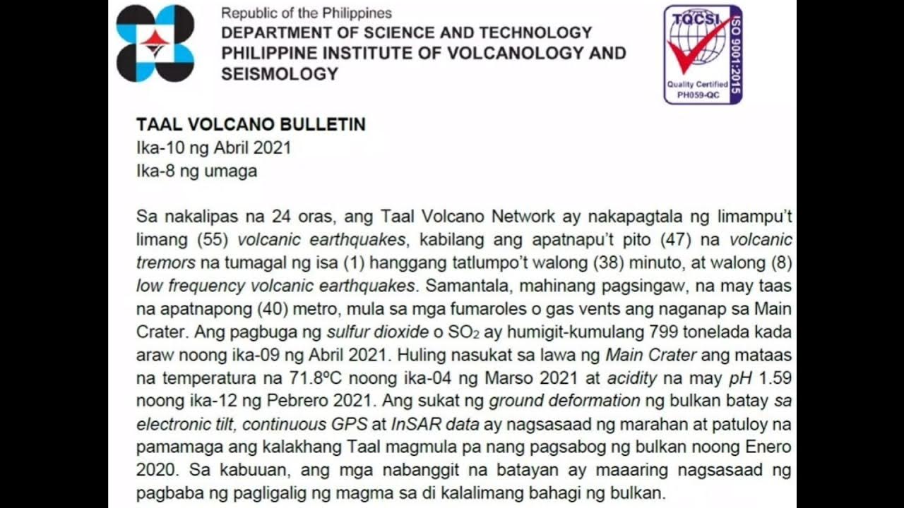 TAAL VOLCANO BULLETIN APRIL 10, 2021 FROM DOST PHIVOLCS - YouTube
