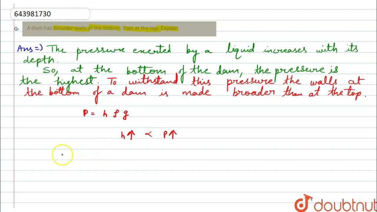 A dam has broader walls at the bottom than at the top. Explain. | 9 | FLUIDS | PHYSICS | ICSE ...