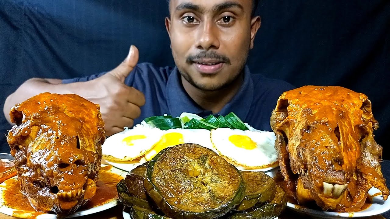 Spicy Two Mutton Head Curry || Brinjoa Fry, Omlet With Rice || India ...