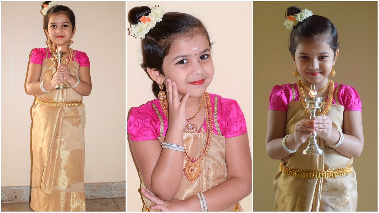 how to wear saree for kids|kids saree style|kerala style saree|onam ...