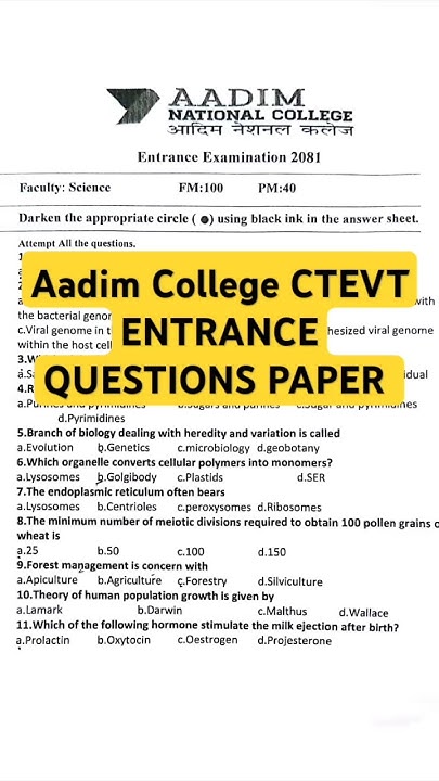 Aadim College CTEVT ENTRANCE QUESTIONS PAPER | CTEVT Model Question ...