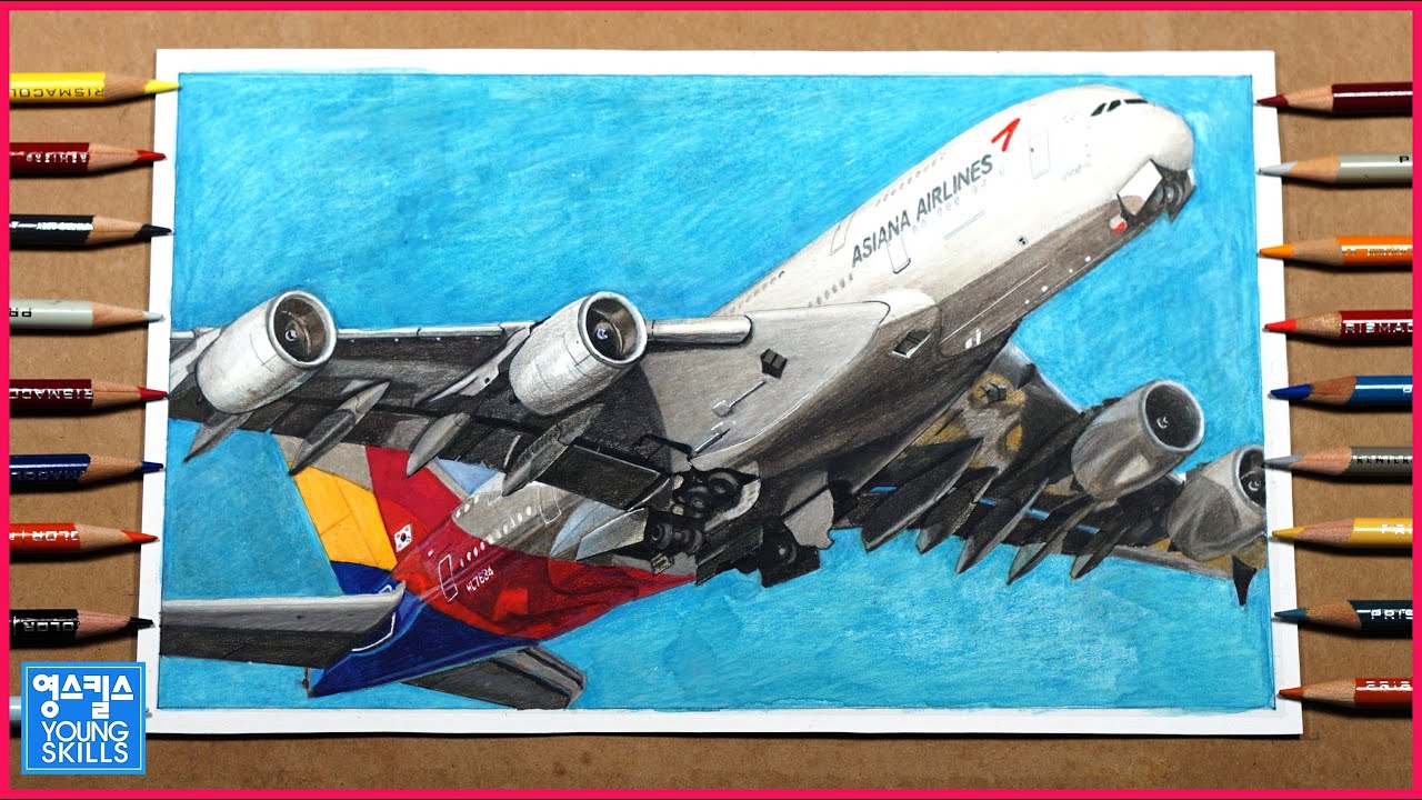 A380_800 ASIANA Airlines Drawing 아시아나 항공 | 색연필 손그림_영스킬스 - YouTube