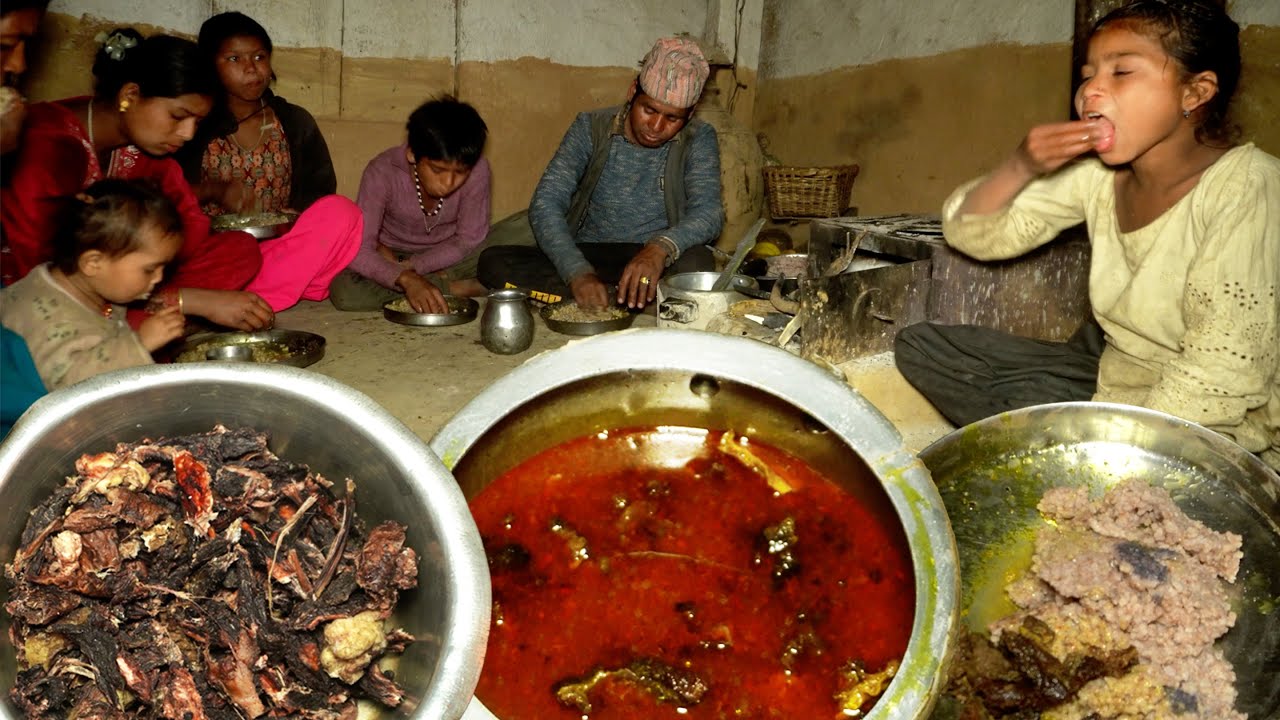 buff soup curry and rice in the village by dharme family in the village ...