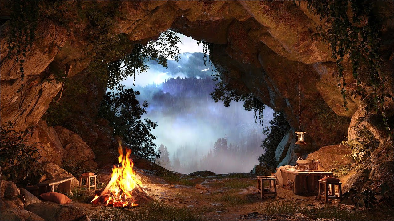 Hidden Cave at Night with Rain, Thunder, and Bonfire Sounds for Deep ...