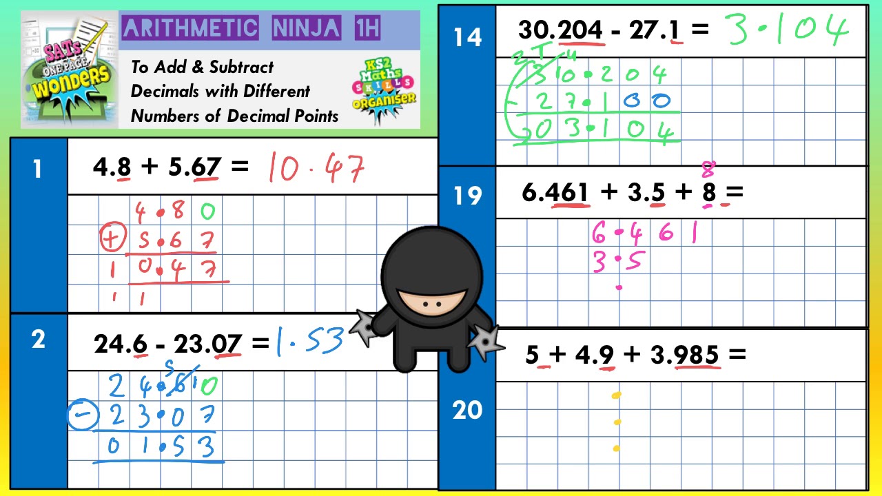 decimal sub add line up the points harder - Arithmetic Ninja 1h - YouTube