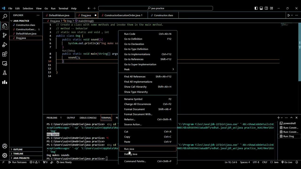 Create a class with some methods and invoke them in the main method. - YouTube