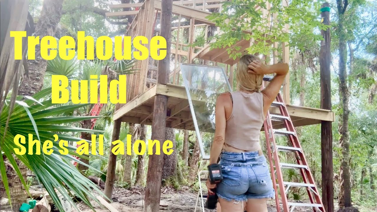 Pt 4- DIY TREEHOUSE BUILD- Alone in the woods #diy #treehouse - YouTube