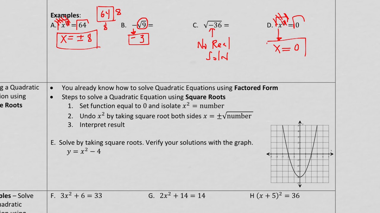 86a - Int 2 - Notes (Solve Quad Eqns by Taking Square Roots) - YouTube