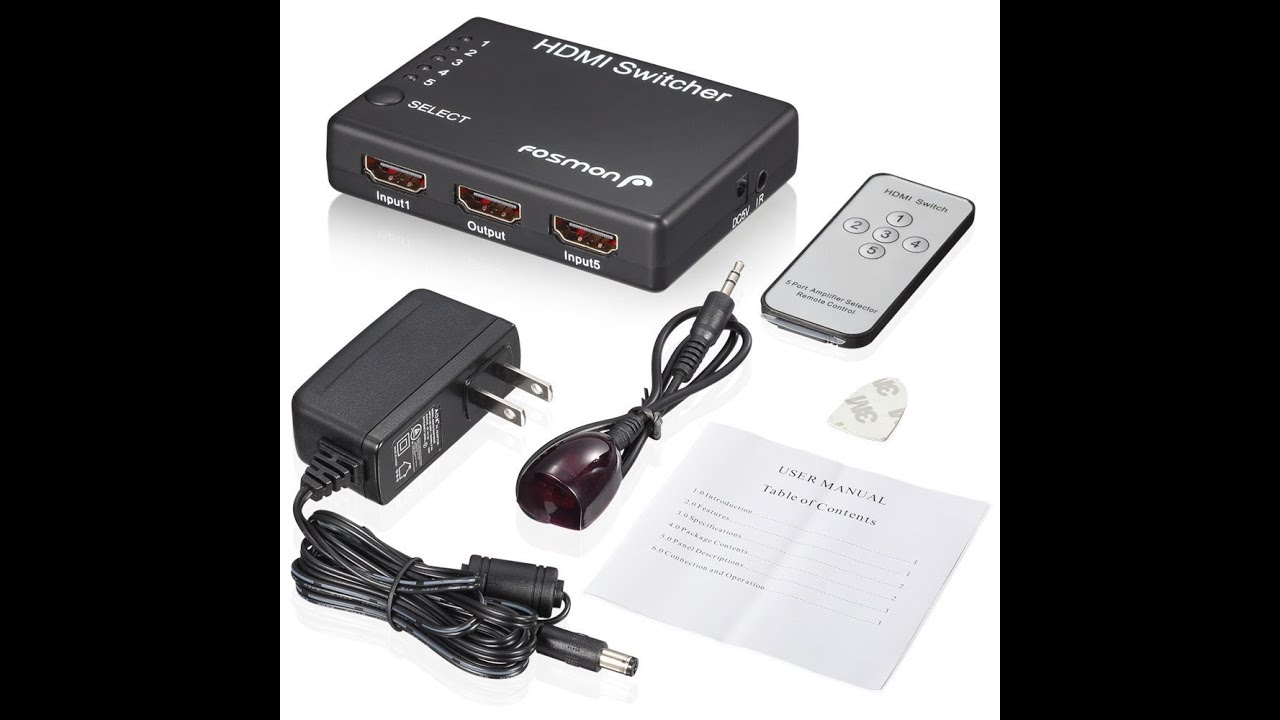 Unbox: Intelligent 5x1 5-Port HDMI Switch with IR Remote and AC Adapter ...