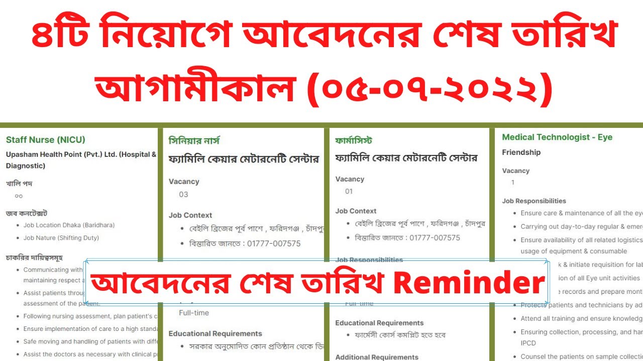 (০৫-০৭-২০২২) ৪টি নিয়োগের আবেদনের শেষ তারিখ আগামিকাল। Nursing Job apply Last Date Reminder ...
