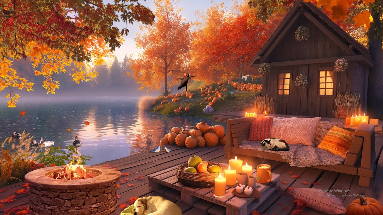 October Autumn Lake Ambience with Cozy Campfire and Pumpkins Halloween ...
