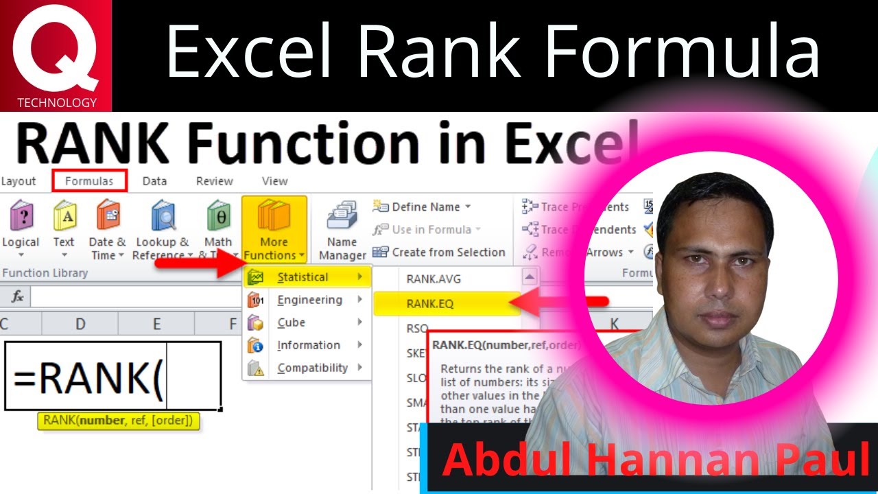 How To Use RANK Formula In MS Excel By Abdul Hannan Paul Q Technology How To Use RANK Formula In MS Excel By Abdul Hannan Paul Q Technology