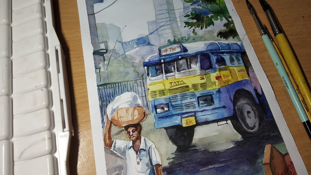 urban landscape watercolor drawing : bus station - YouTube