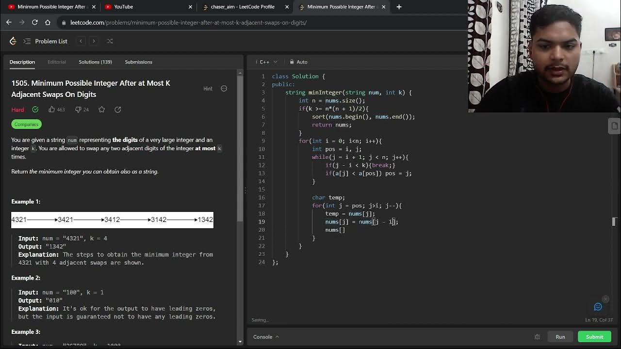 Minimum Possible Integer After At Most K Adjacent Swaps On Digits Leetcode Hard Youtube